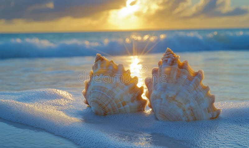 Beautiful Seashells on Sandy Beach at Sunset with Ocean Waves in ...