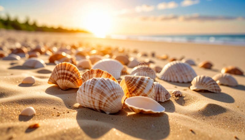 Beautiful Seashells on Sandy Beach during Sunset with Ocean Waves Stock ...