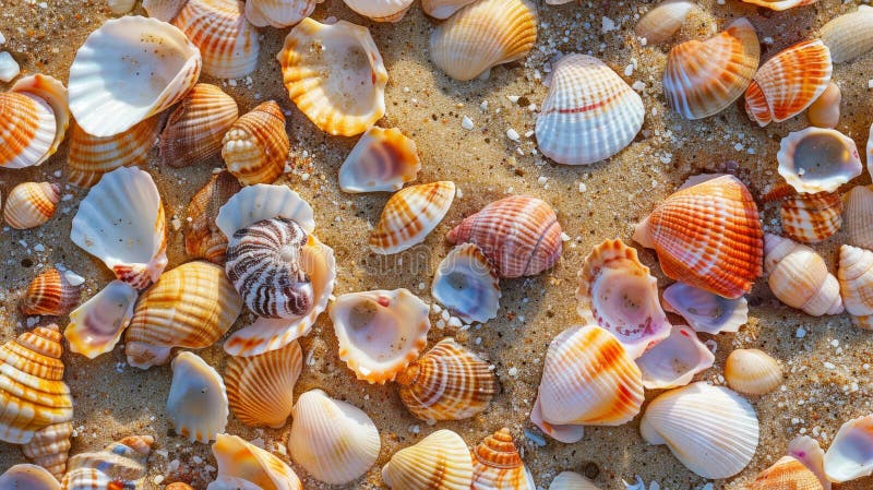 Beautiful Seashells Scattered on Sandy Beach with Gentle Ocean Waves ...