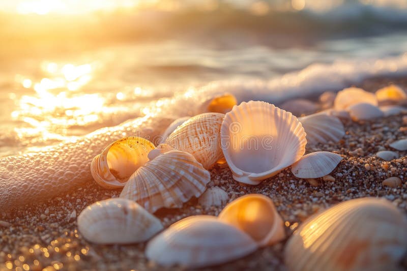 Beautiful Seashells Scattered on a Sandy Beach at Sunset with Gentle ...