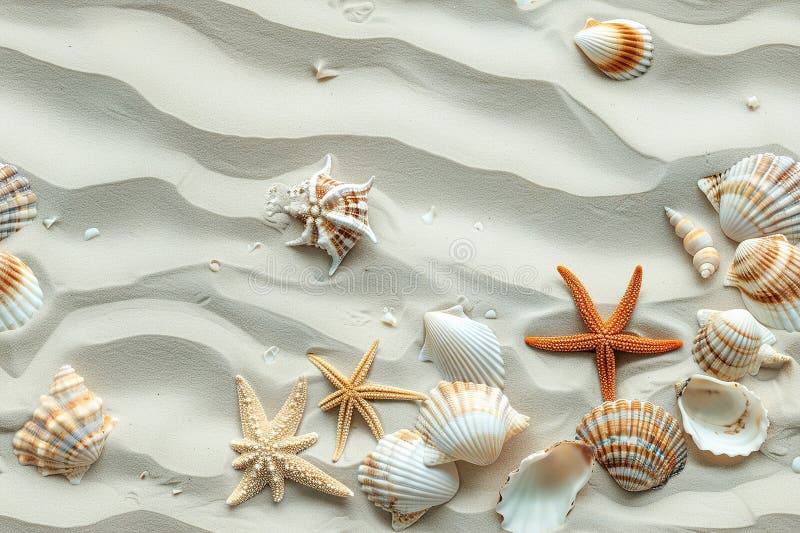 Beautiful Seashells and Starfish on the Sand with Copy Space Top View. the Concept of Summer ...
