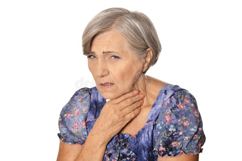 Beautiful Senior Woman With Sore Throat Isolated On White Background