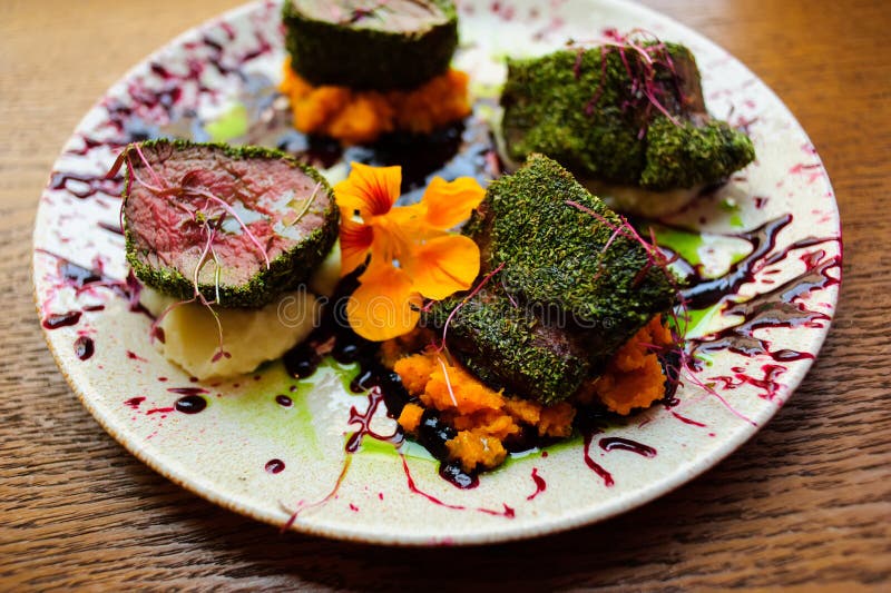 Beautiful Served Food on Plates in Restaurant Stock Image - Image of ...