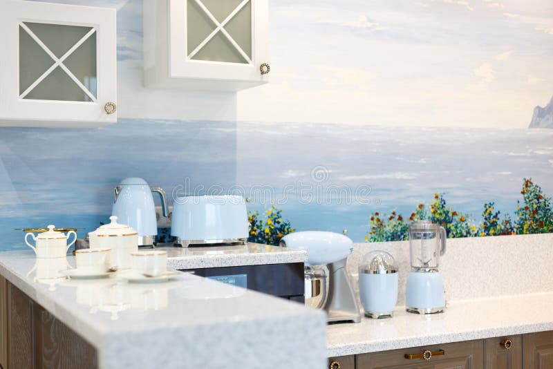 Beautiful Set with Cups on the Bar Counter. with Household Appliances ...