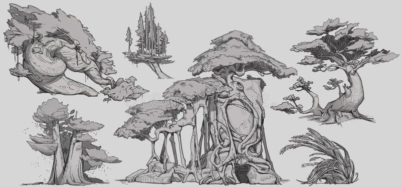 A Beautiful Set of Various Fantasy Tree Concept Design Sketches Stock ...