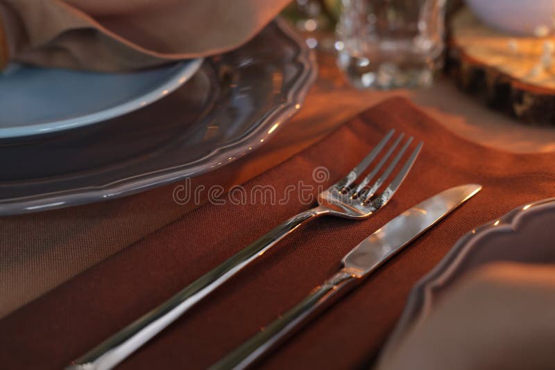 Beautiful Setting with Cutlery and Plates on Table Stock Image - Image ...