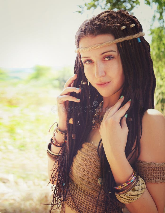Beautiful Boho Style Woman With Dreadlocks Portrait Looking At Camera