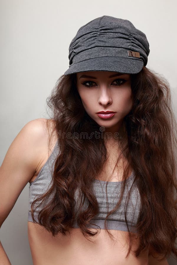 Beautiful Female Model in Trendy Cap Stock Image - Image of makeup ...