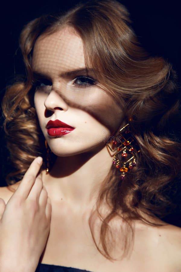 Beautiful Woman Makeup Red Lips Curly Hair Stock Image Image Of