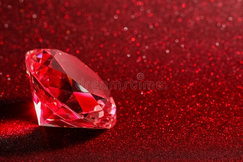 Beautiful Shiny Diamond on Red Glitter Background, Closeup. Space for ...