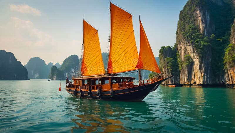 Beautiful Ship Ha Long Bay Vietnam Stock Illustration - Illustration of ...