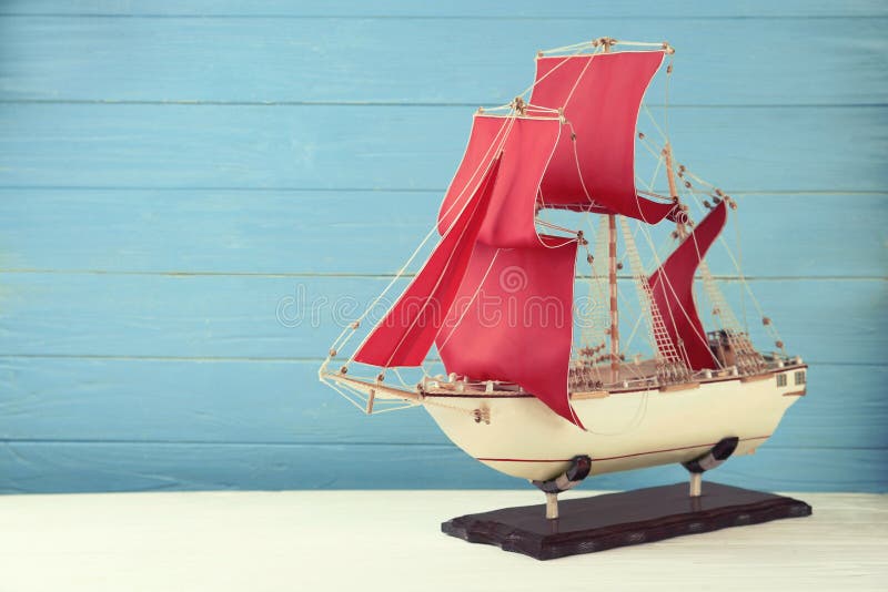 Beautiful Ship Model on White Wooden Table. Space for Text Stock Photo ...