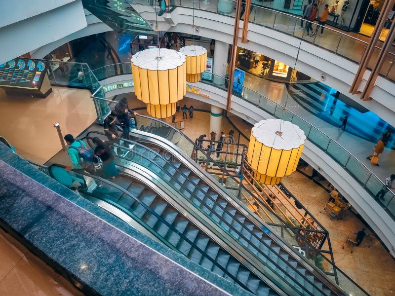 Beautiful Shopping Mall Staircase Elevator with Busy Holiday Shopping ...