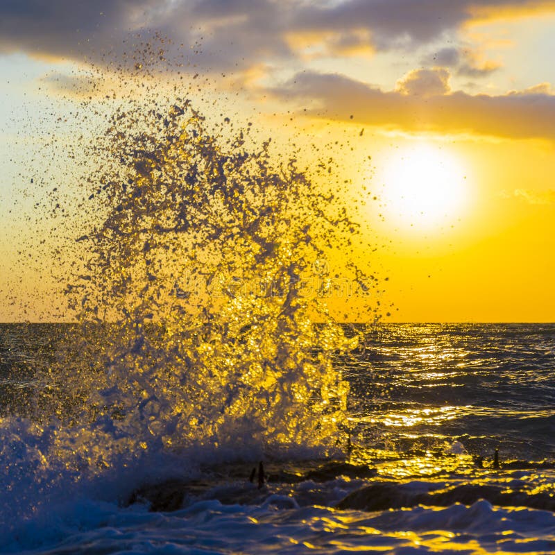 Beautiful Shoreline Scene with Waves at Sunset Beams Stock Image ...