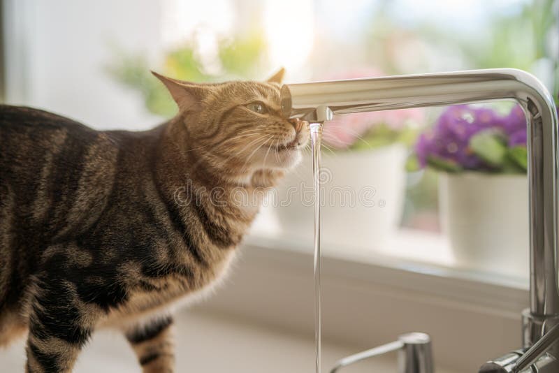 Beautiful Short Hair Cat Drinking Water from the Tap at the Kitchen ...