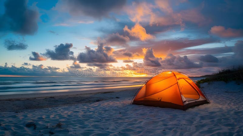 Camping Tent on Beach at Sunset with Dramatic Clouds Stock Illustration ...