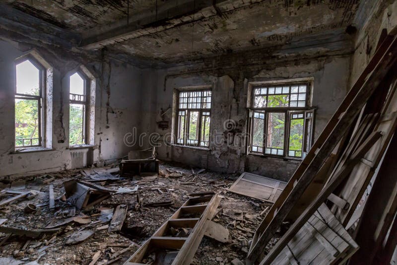 Beautiful Shot of Debris Inside an Old, Abandoned, and Damaged Building ...