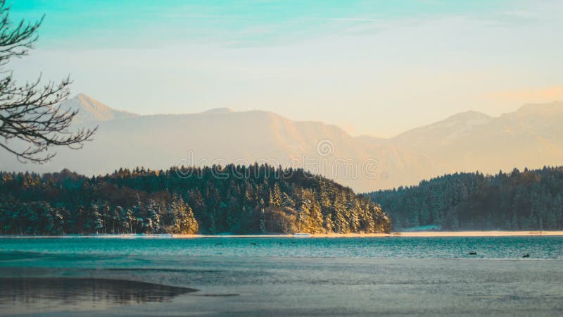 Beautiful Shot of a Large Clear Lake with Forest and Mountains in the ...