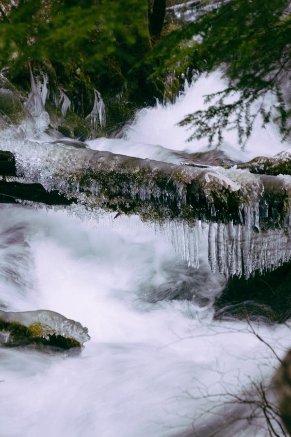 Beautiful Shot of a River with a Strong Current and a Frozen Log in a ...