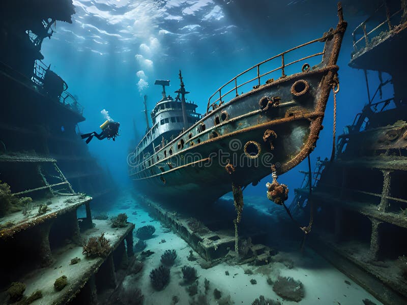 A Beautiful Shot of a Underwater Scene with a Abandoned Ship Stock ...