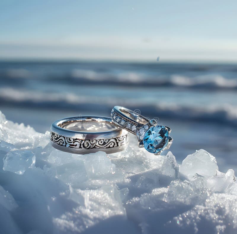 Elegant Silver Engagement Rings on Snowy Beach Background Stock Photo ...