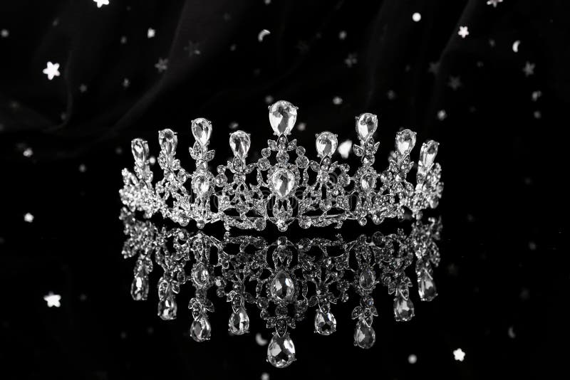 Beautiful Silver Tiara with Diamonds on Dark Mirror Surface Stock Photo ...