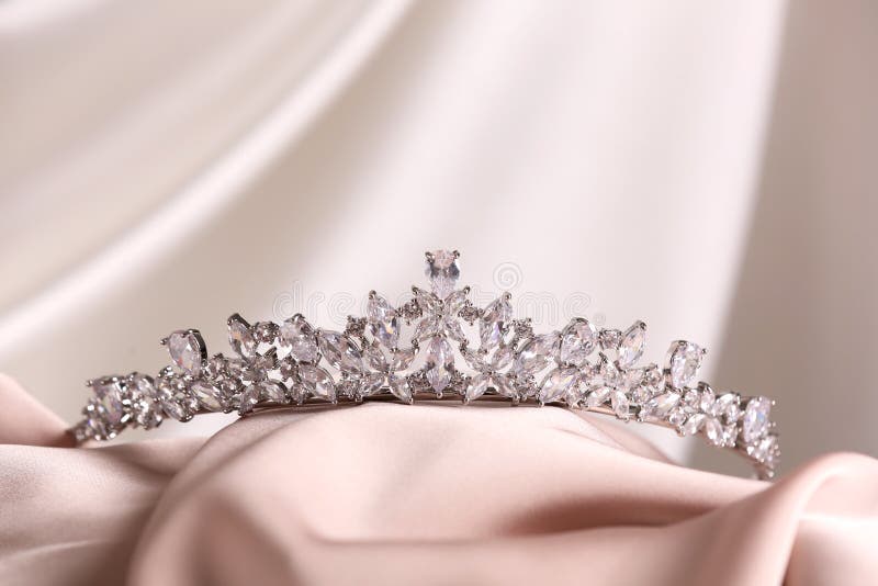 Beautiful Silver Tiara with Diamonds on Light Cloth Stock Image - Image ...