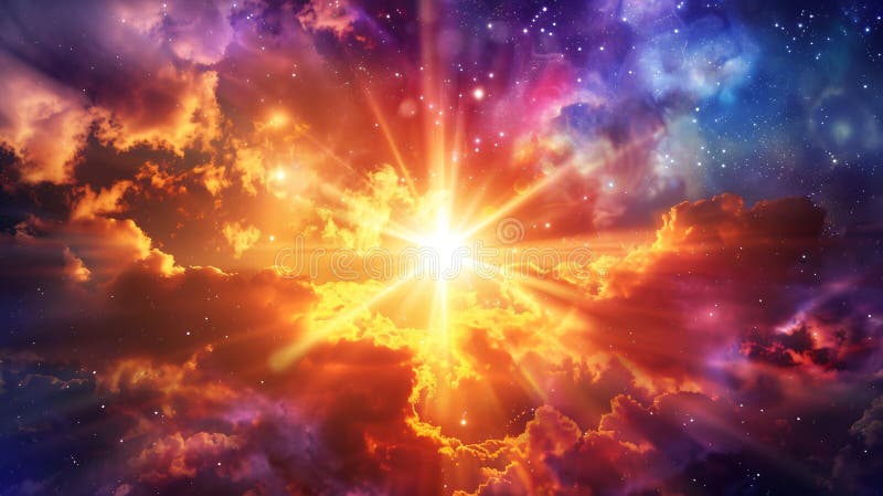 Beautiful Sky at Sunrise with Clouds and Sun. Heavenly Light Rays ...