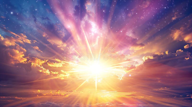 Beautiful Sky at Sunrise with Clouds and Sun. Heavenly Light Rays ...