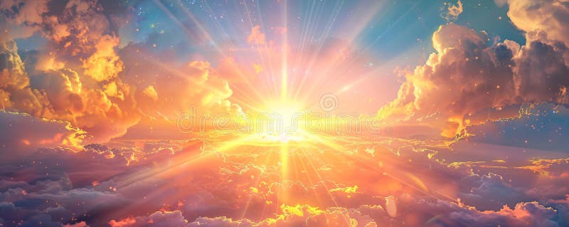 Beautiful Sky at Sunrise with Clouds and Sun. Heavenly Light Rays ...