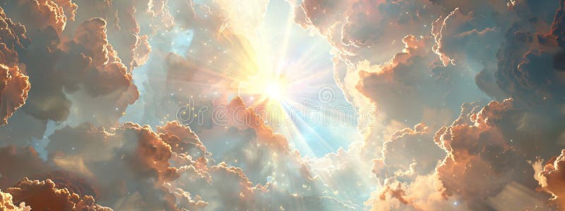 Beautiful Sky at Sunrise with Clouds and Sun. Heavenly Light Rays ...