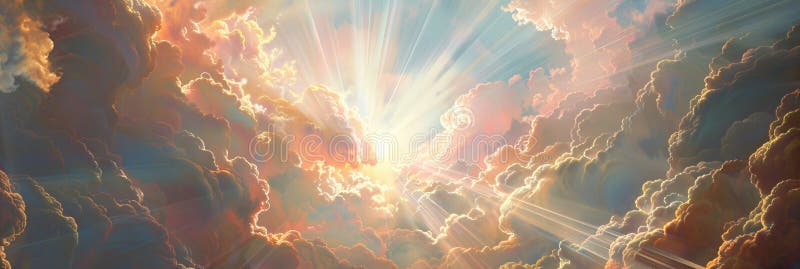 Beautiful Sky at Sunrise with Clouds and Sun. Heavenly Light Rays ...