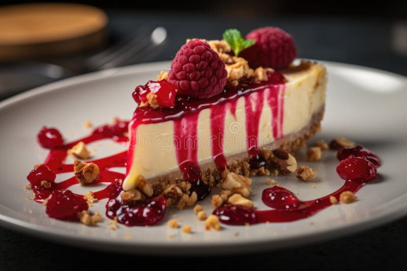 Beautiful Slice of Cheesecake, with Drizzle of Raspberry Sauce and ... Beautiful Slice of Cheesecake, with Drizzle of Raspberry Sauce and ...
