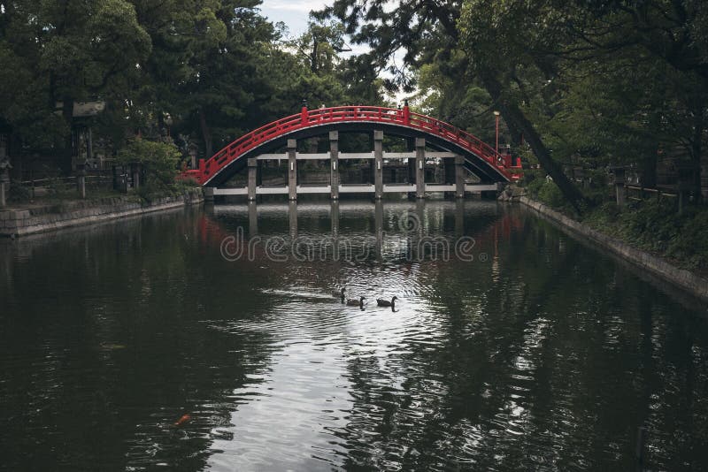 Beautiful Small Red Bridge, City of Osaka Japan Stock Image - Image of ...