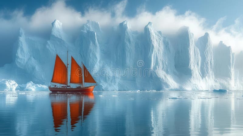 A Beautiful Small Ship between the Icebergs Stock Illustration ...