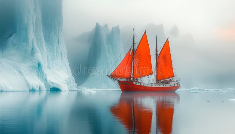A Beautiful Small Ship between the Icebergs Stock Illustration ...