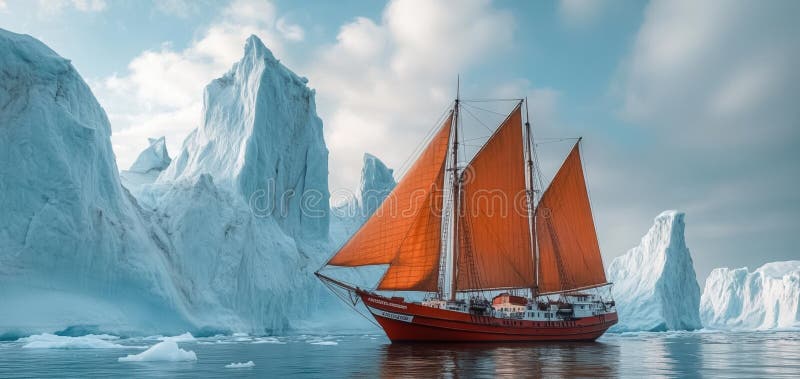 A Beautiful Small Ship between the Icebergs Stock Illustration ...