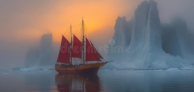 A Beautiful Small Ship between the Icebergs Stock Illustration ...