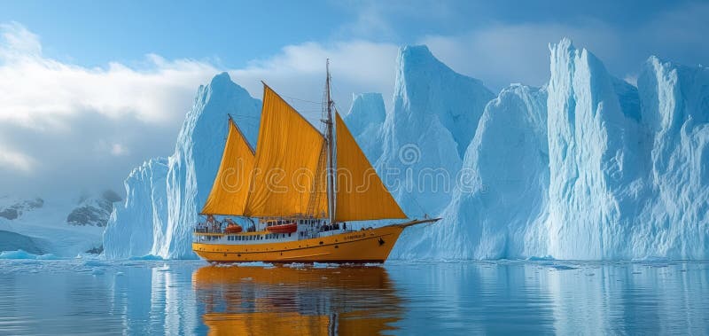 A Beautiful Small Ship between the Icebergs Stock Illustration ...