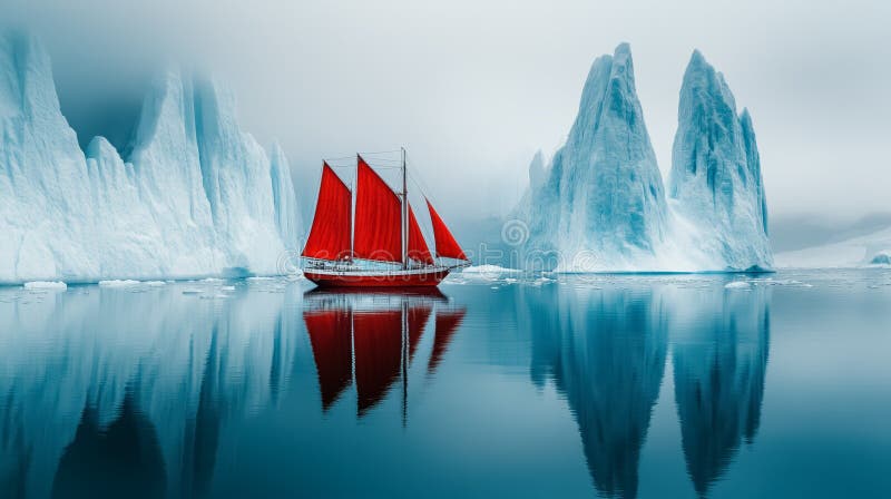 A Beautiful Small Ship between the Icebergs Stock Illustration ...