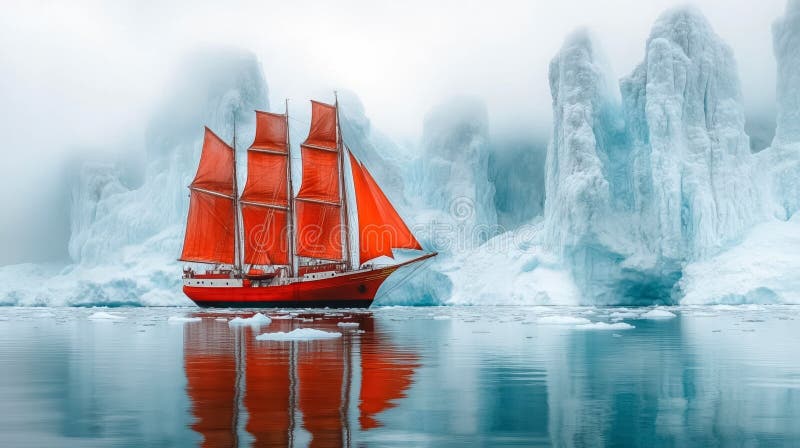 A Beautiful Small Ship between the Icebergs Stock Illustration ...