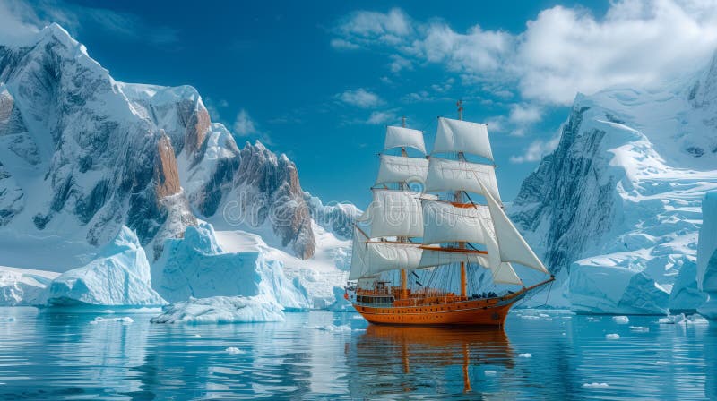A Beautiful Small Ship with a White Sails between the Icebergs Stock ...