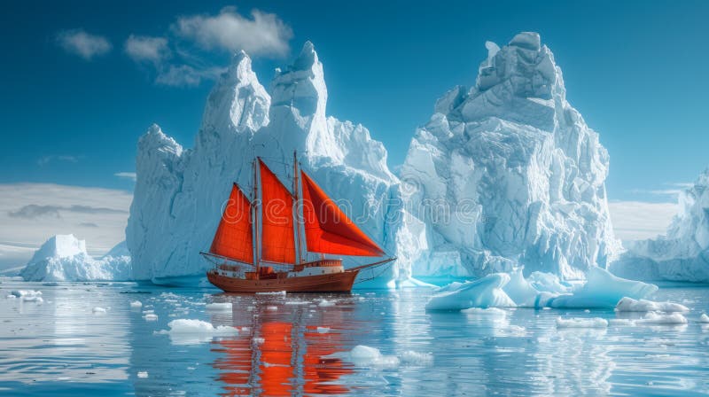 A Beautiful Small Ship with a White Sails between the Icebergs Stock ...