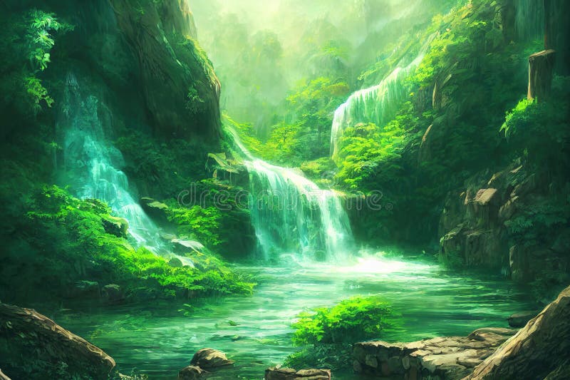 A Beautiful Small Waterfall Scene in a Rainforest, Anime Art, Ai ...