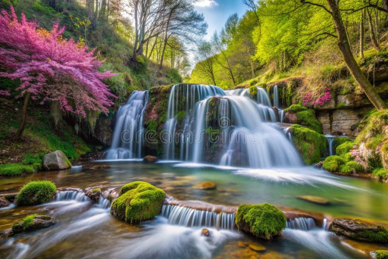 The Beautiful Small Waterfall, Spring, Long Exposure Stock Illustration ...