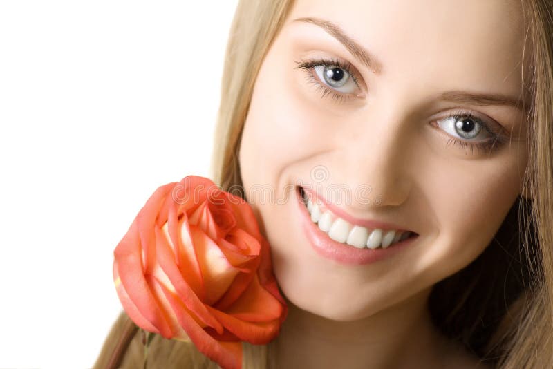 Beautiful Smile Woman with Rose Isolated Stock Photo - Image of floral ...