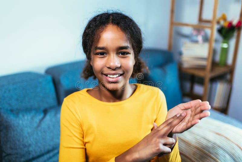 Smiling Black Deaf Girl Using Sign Language at Home Stock Photo - Image ...