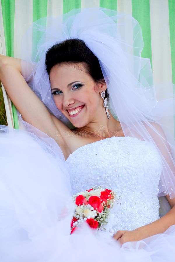 Beautiful Smiling Bride with Bouquet Stock Photo - Image of crown ...