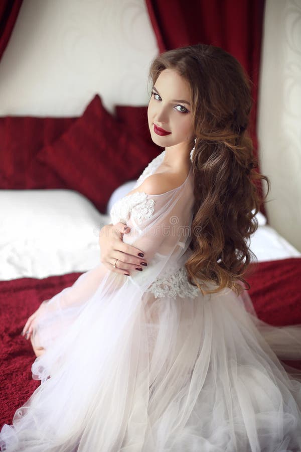 Beautiful Smiling Bride Wedding Portrait With Curly Hair Style Red