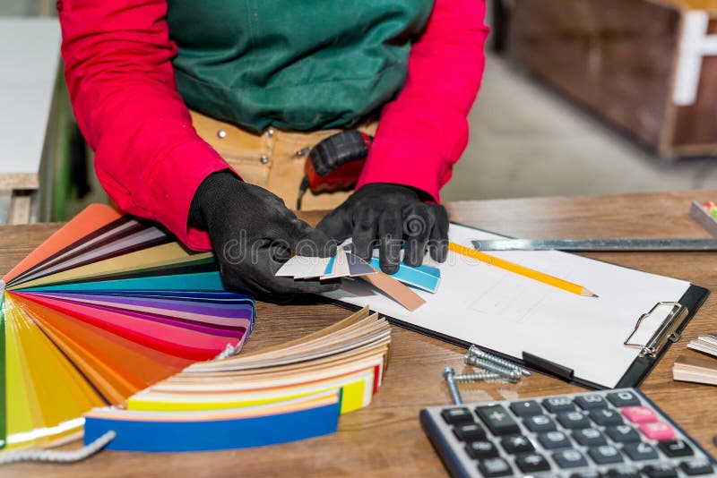 Beautiful Smiling Carpenter with Colour Samples Stock Image - Image of ...